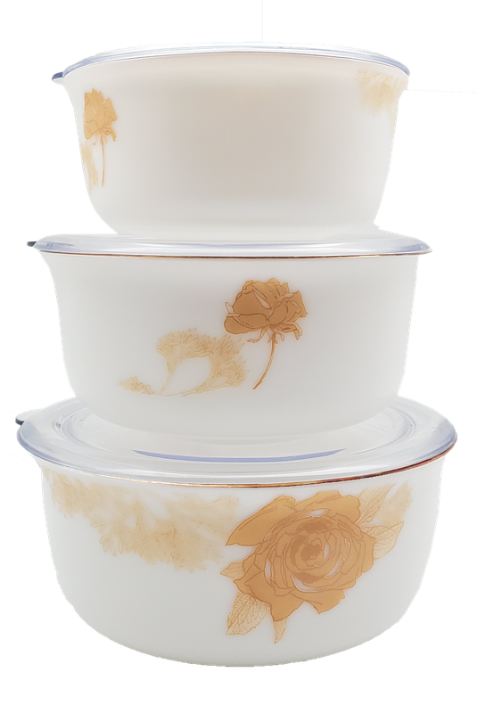 [GA777-3] 3 pc Opal Glass Gold Flower Food Container Set (12 sets/ctn ...
